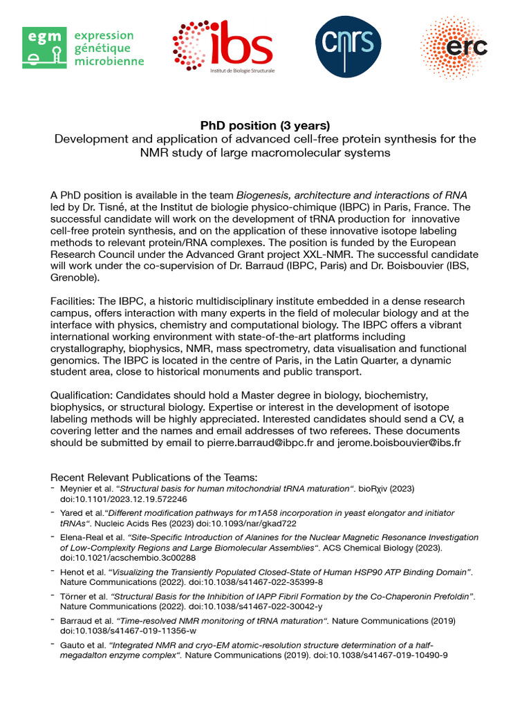 PHD Position Erc Boisbouvier Ibpc | PDF | Proteins | Biophysics