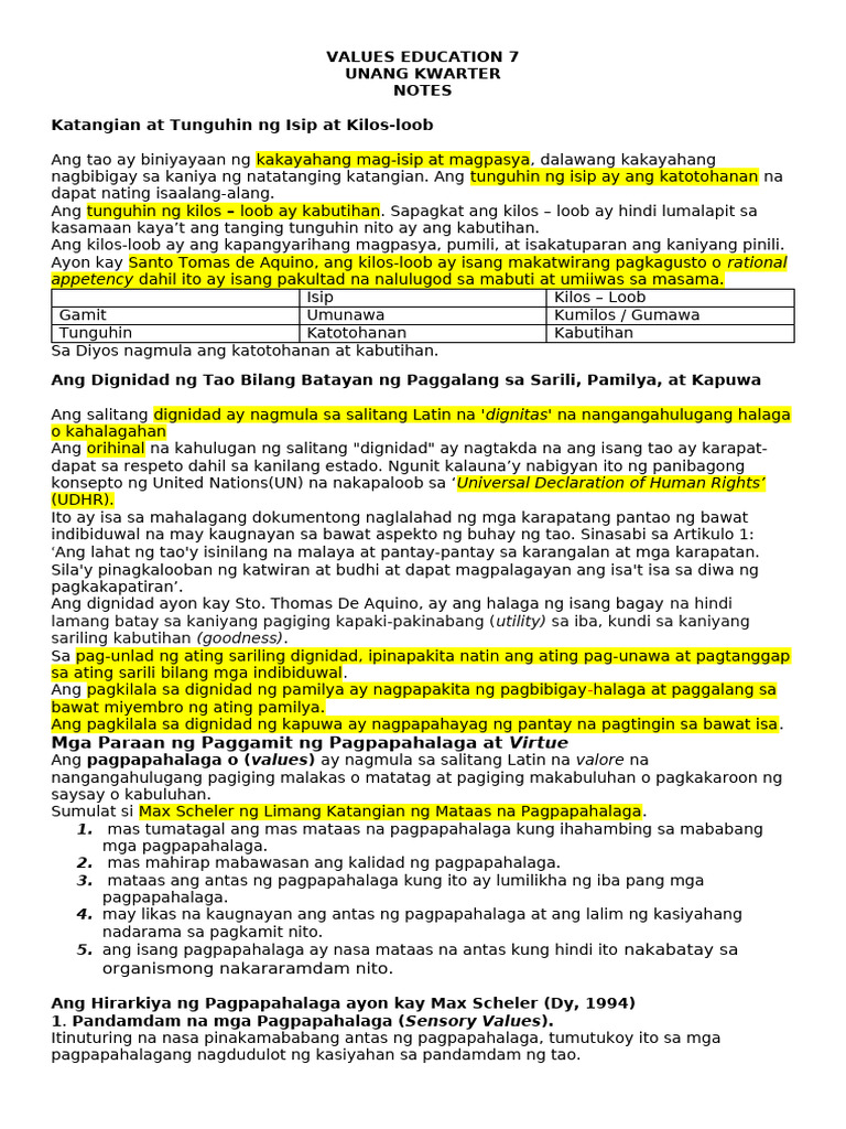 VALUES EDUCATION 7 1st Quarter Reviewer | PDF