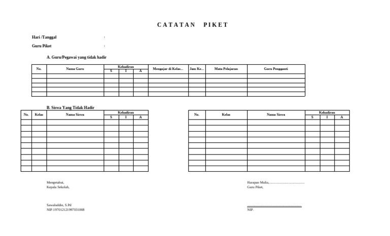Catatan Piket Harian Kelas | PDF