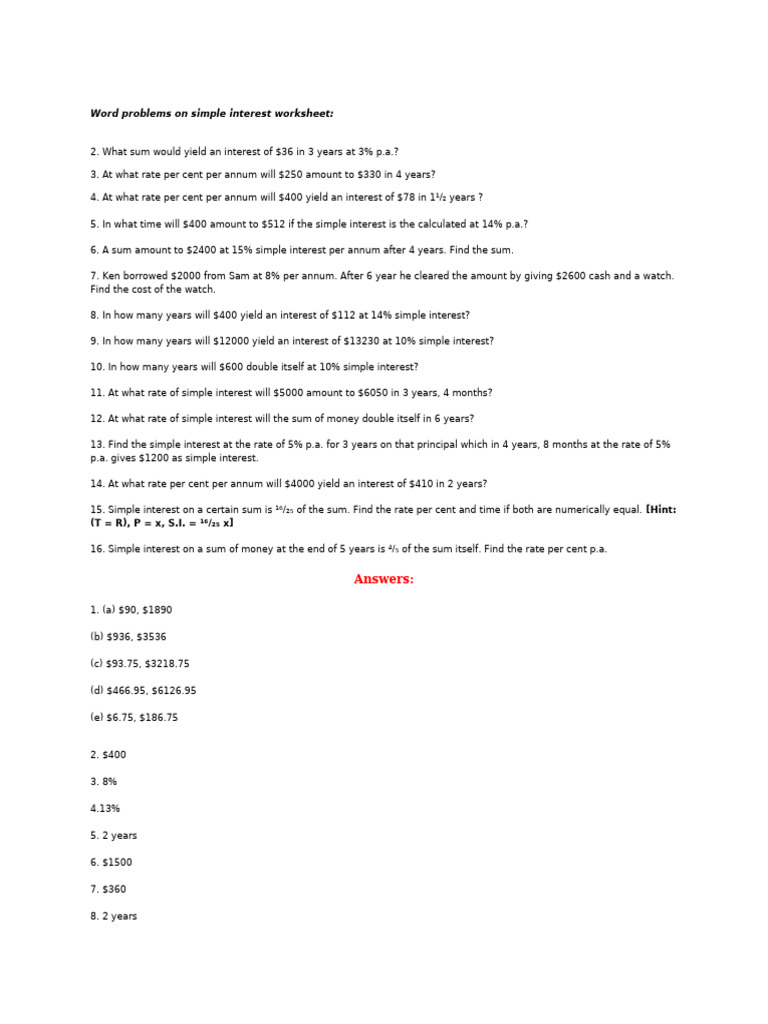 Simple Interest Word Problems Worksheet | PDF | Career & Growth