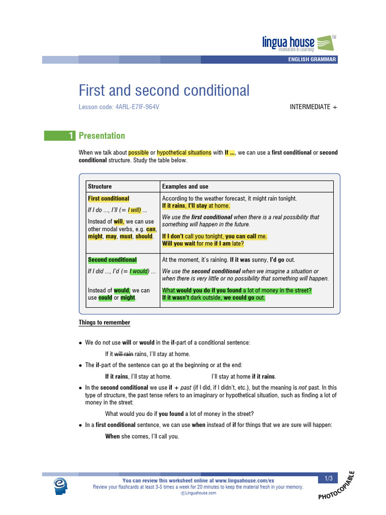 1st and 2nd Conditionals | PDF | English Grammar | Languages