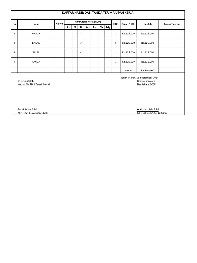 Form Daftar Hadir Tukang HOK | PDF