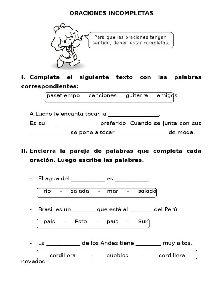 Ficha Oraciones Incompletas | PDF | Predicado (Gramática) | Asunto ...