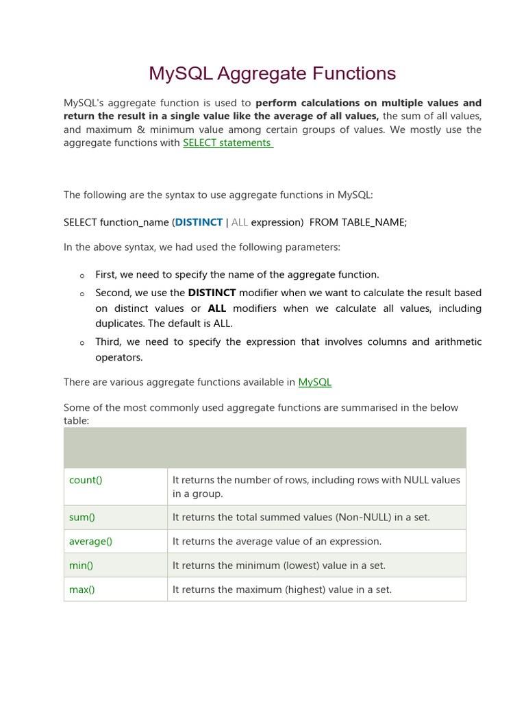 AGGREGATE FUNCTION | PDF | Computing | Software Engineering