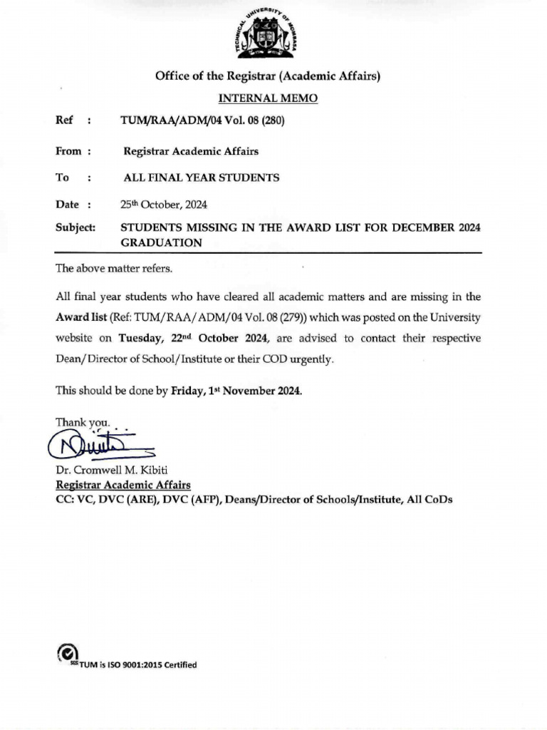 Memo To All Final Year Students Missing in The Award List For December ...
