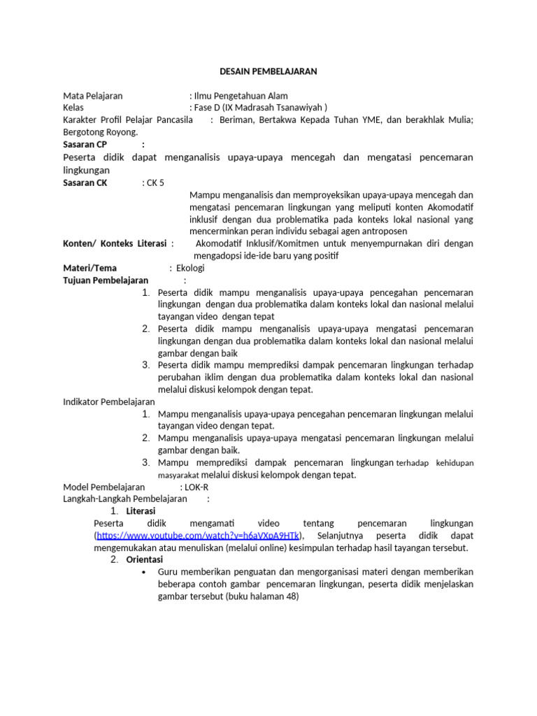 Contoh Desain Dan Skenario Pembelajaran | PDF