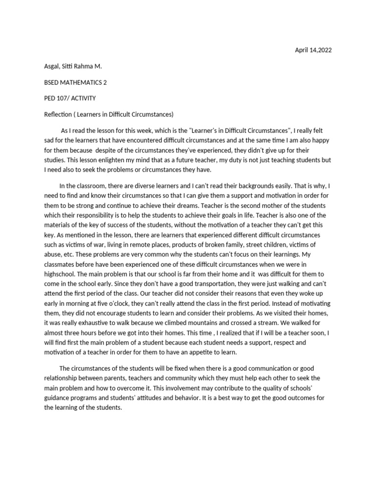 PED 107 Activity Reflection (Learners in Difficult Circumstances) | PDF ...