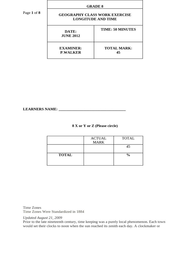 GRADE 8 Time and Longitude Ex. June 2012 | PDF | Geodesy | Spacetime