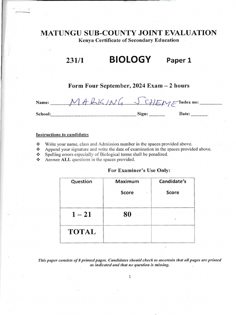 BIOLOGY Marking Scheme PP1 | PDF | Qualifications | Educational Stages BIOLOGY Marking Scheme PP1 | PDF | Qualifications | Educational Stages