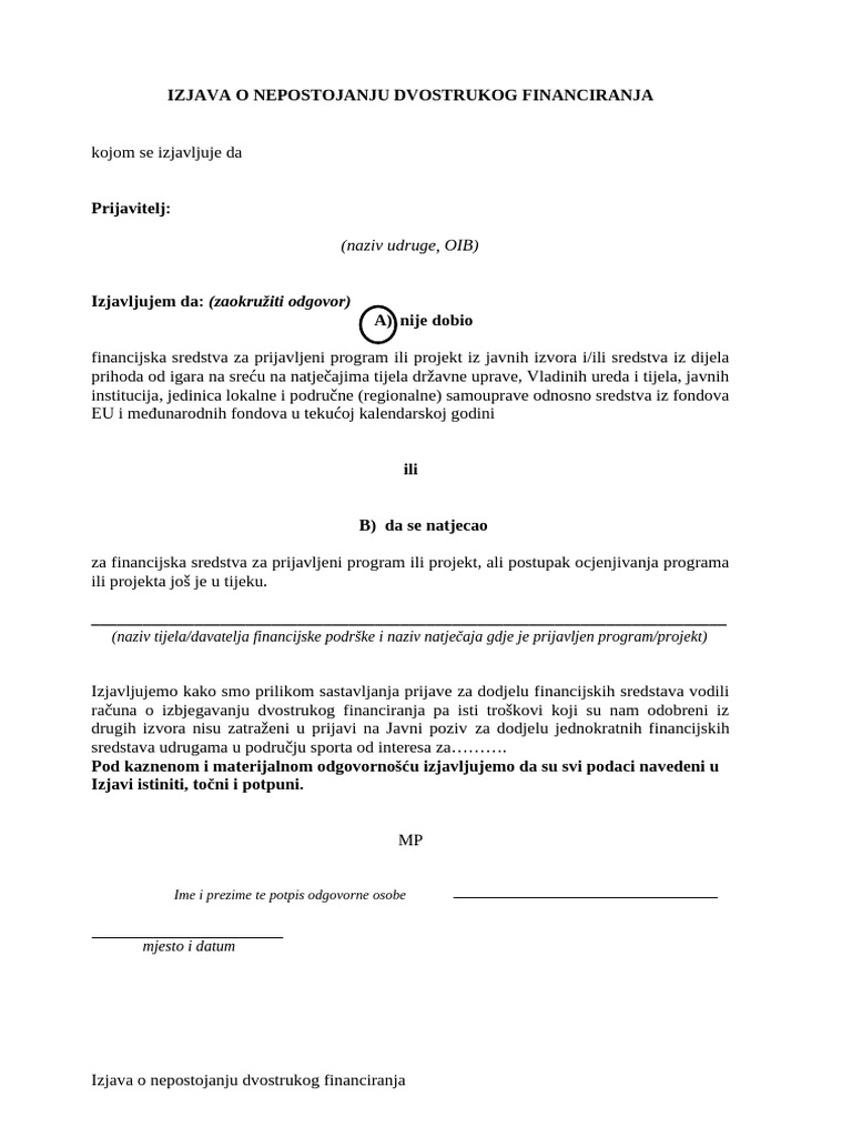 Obrazac Izjave o Nepostojanju Dvostrukog Financiranja | PDF
