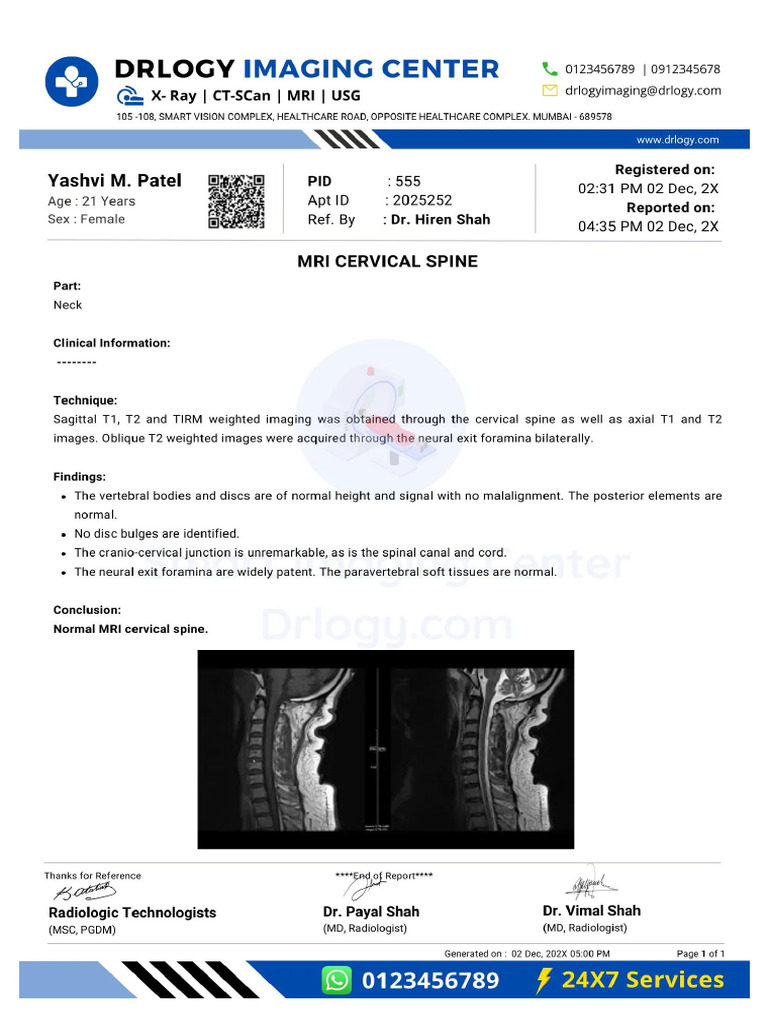 Mri Cervical Spine Report Format - Drlogy | PDF