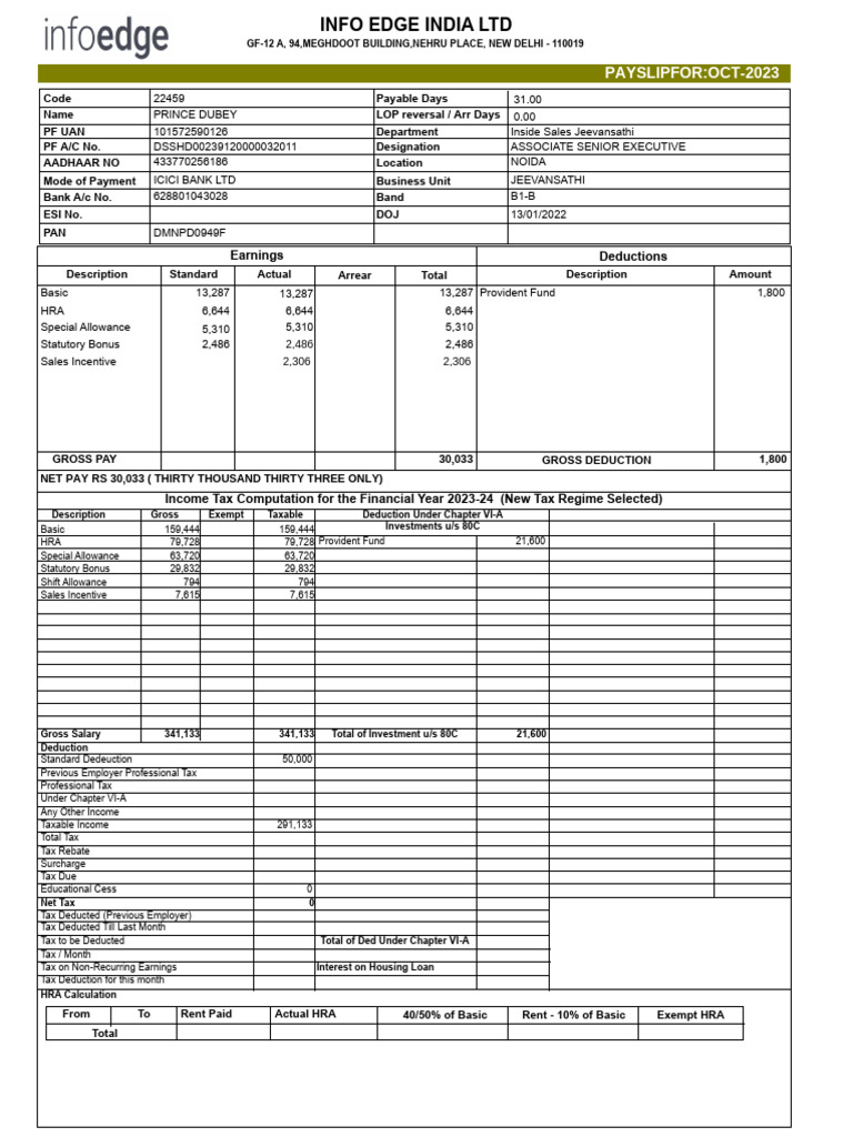 October 2023 Salary Breakdown | PDF | Tax Deduction | Taxes