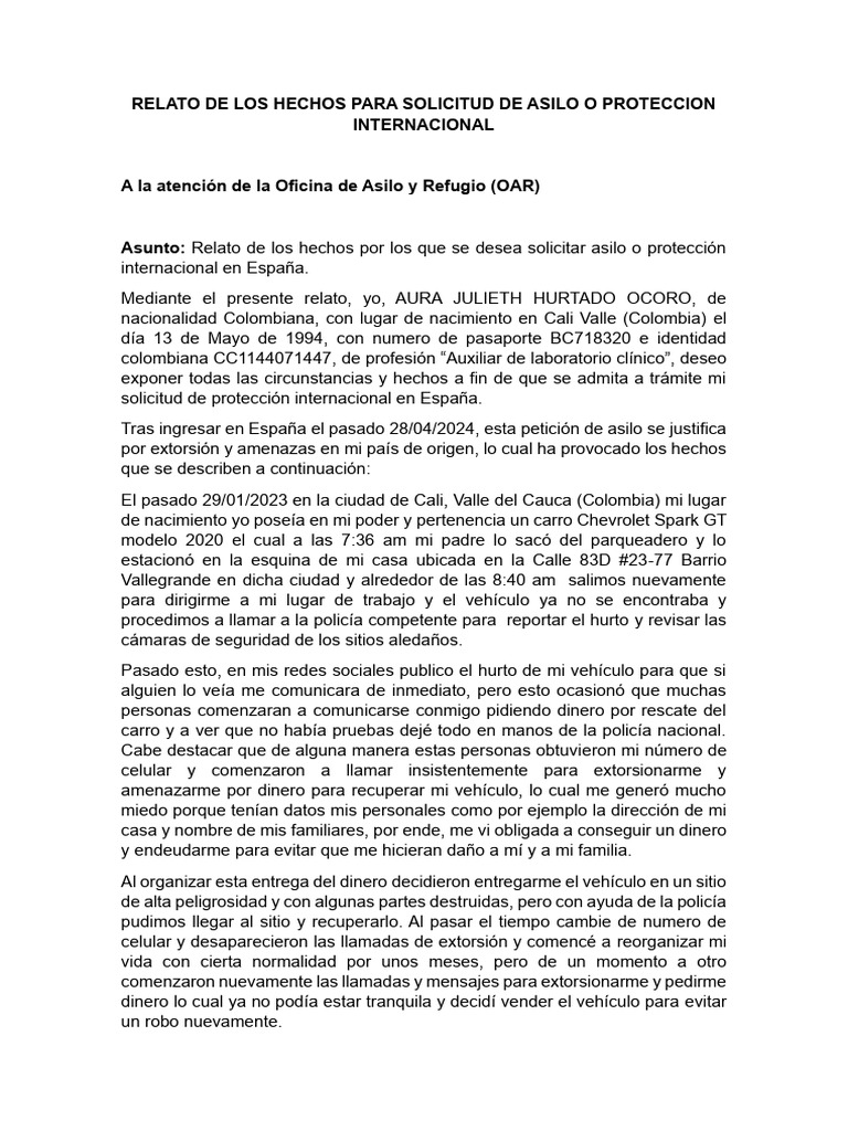 Carta Asilo - Julieth Hurtado | PDF