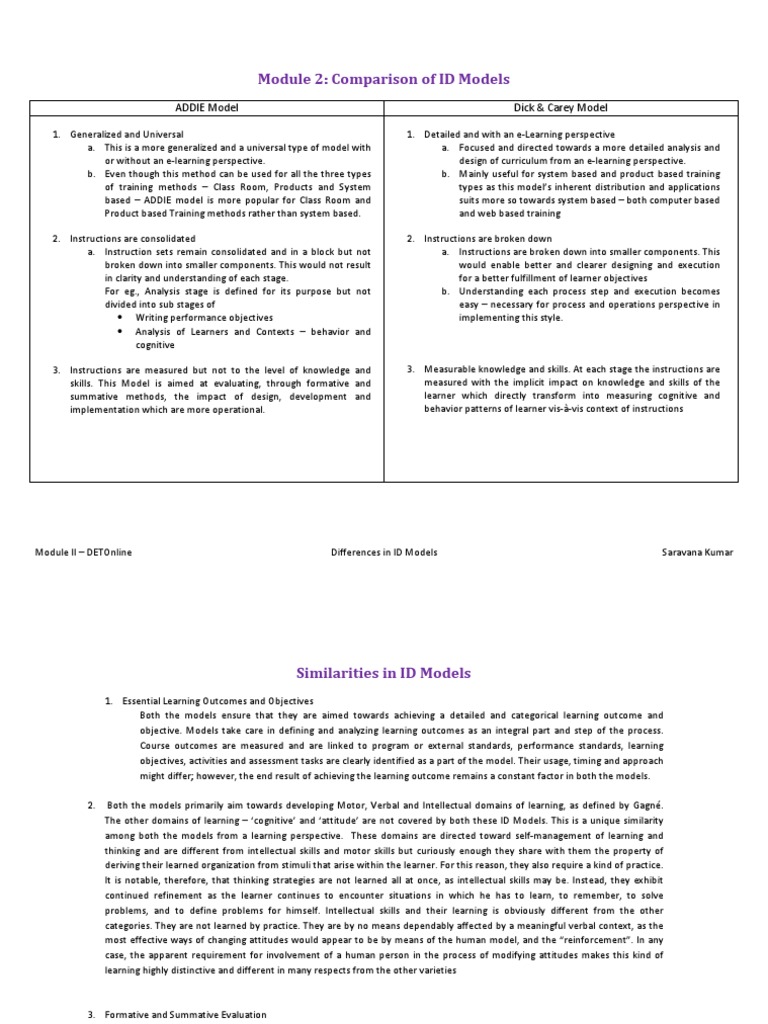 Differences in ID Models | PDF | Instructional Design | Learning