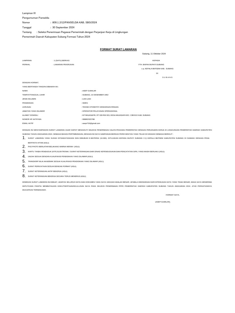 Lampiran III Format Surat Lamaran CONTOH 1 | PDF