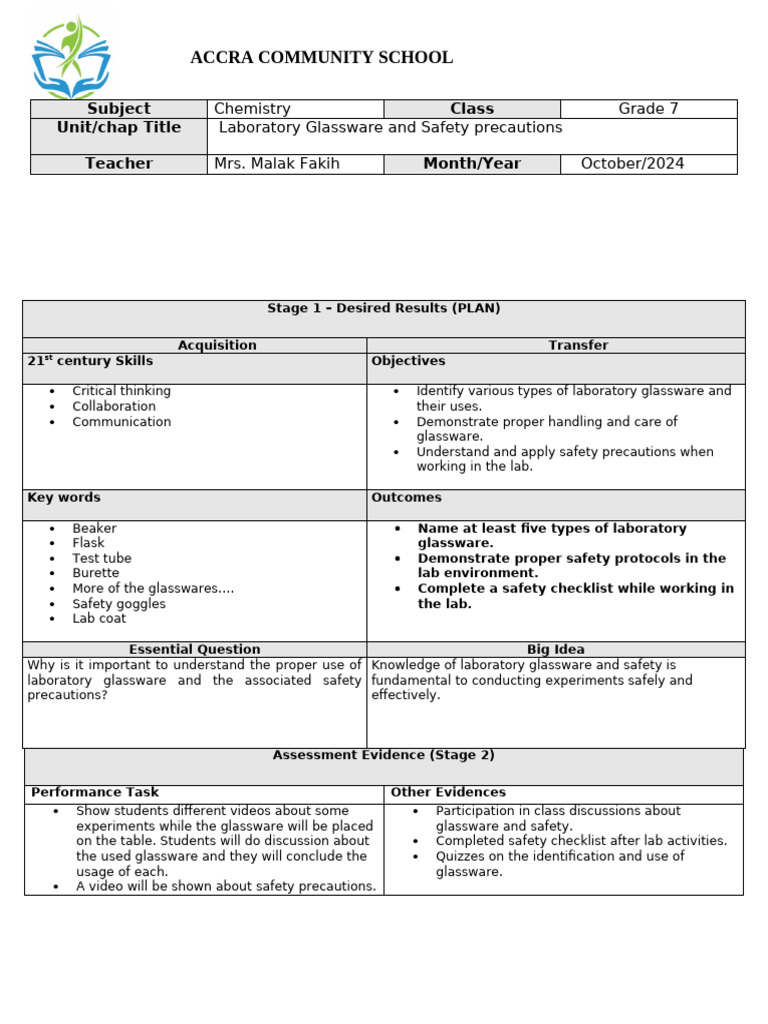 GR 7 - Lesson Plan-Glassware and Safety | PDF | Laboratories | Cognitive Science