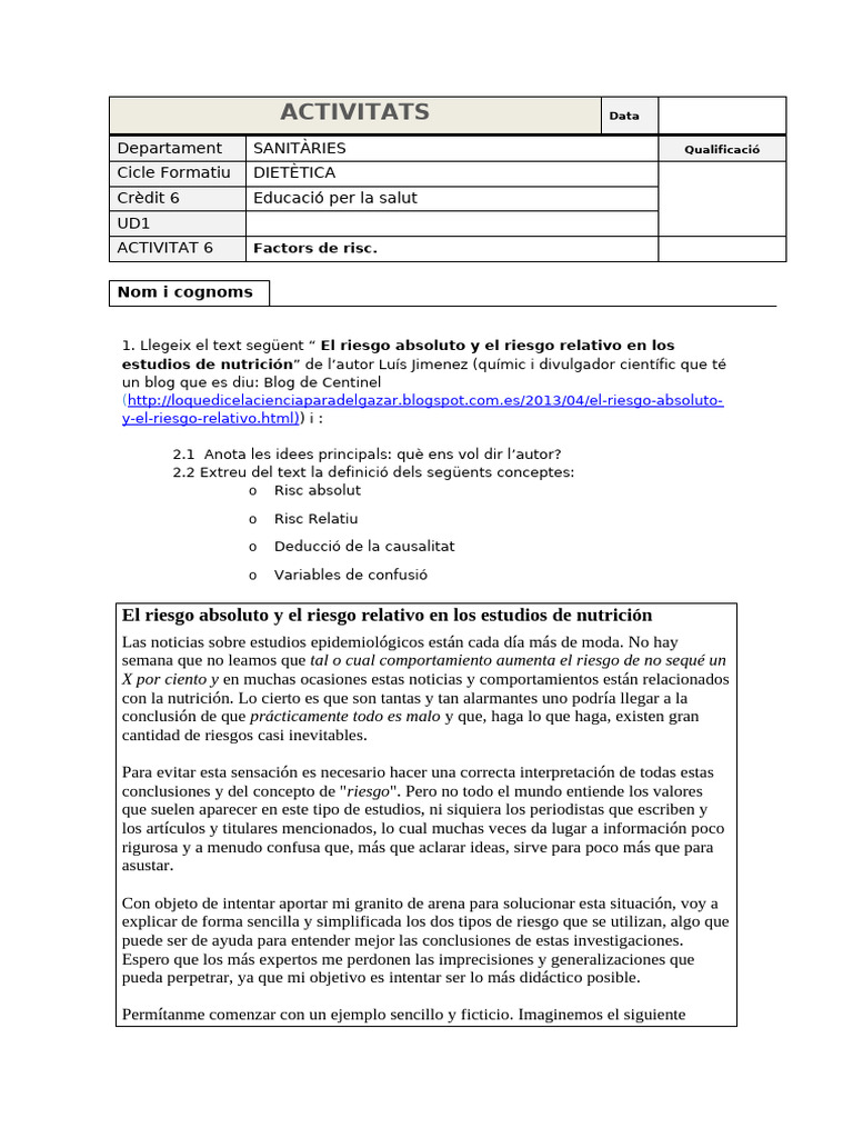 ACTIVITAT 6 Factors de risc (1) | PDF | Estadísticas | Vegetarianismo