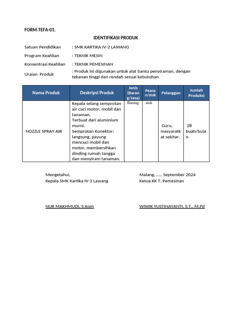Format TEFA-01 TPM SMK KARTIKA IV-2 LAWANG | PDF