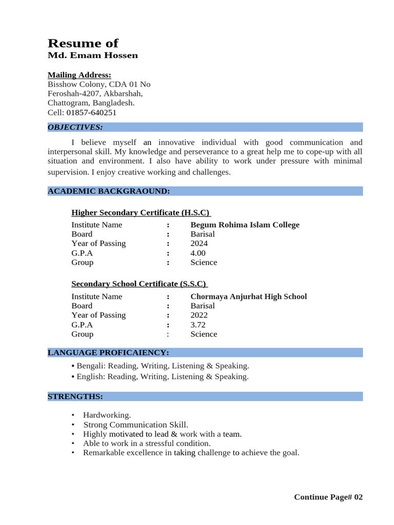 Resume Of: Md. Emam Hossen | PDF