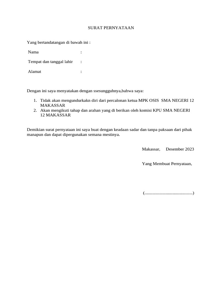 Surat Pernyataan Kpu | PDF | Olahraga & Rekreasi