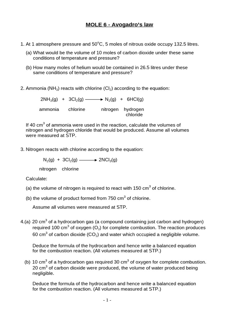 Mole 6 Exercise Avogadro's Law | PDF | Science & Mathematics ...
