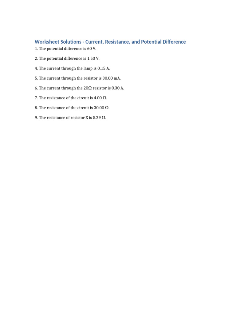Worksheet Solutions Current Resistance Potential Difference | PDF | Science & Mathematics