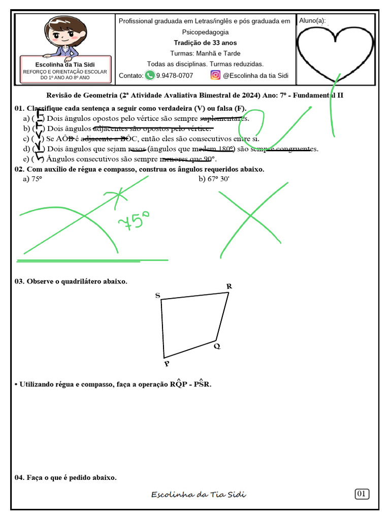 Revisão de Geometria (2 Atividade Avaliativa Bimestral de 2024) Ano 7° - Fundamental II | PDF ...