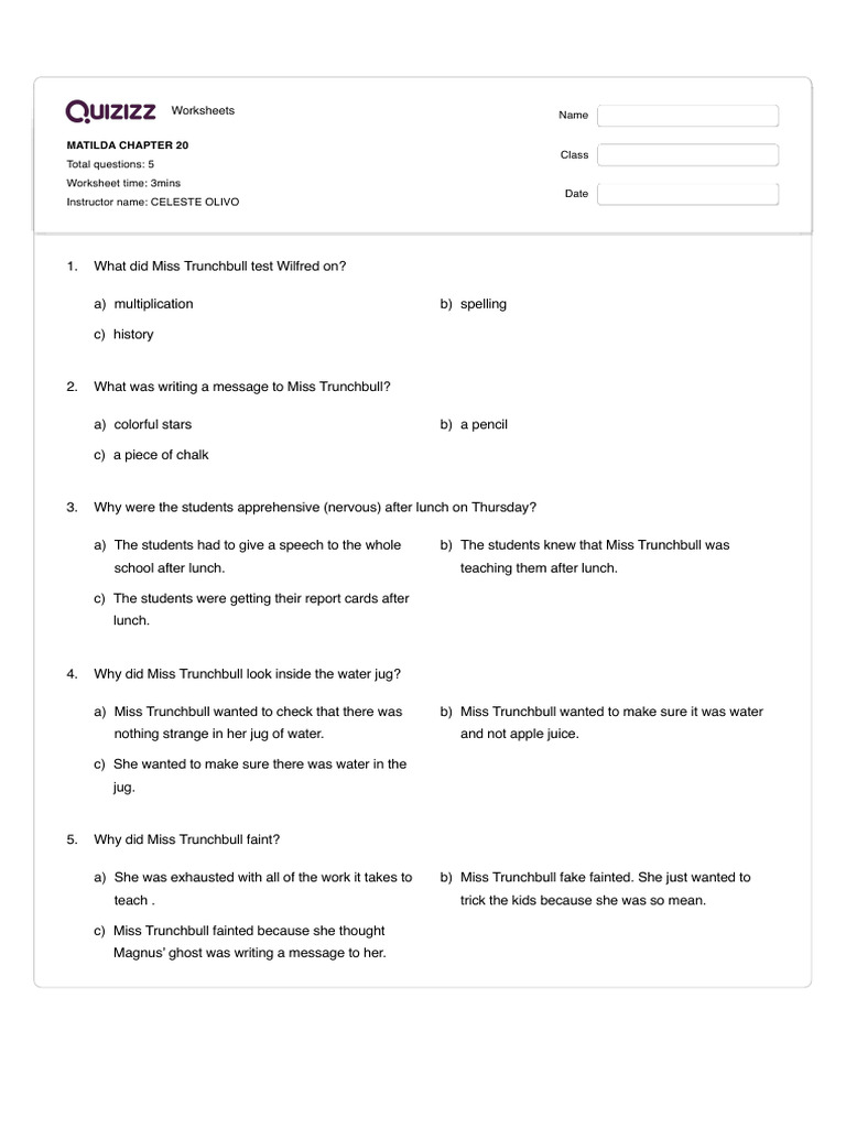 MATILDA CHAPTER 20 - Quizizz | PDF