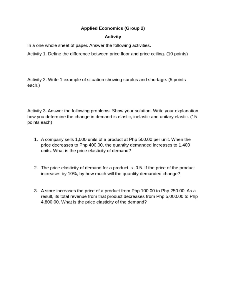 Activity (Applied Economics Group 2) | PDF | Elasticity (Economics) | Economic Surplus