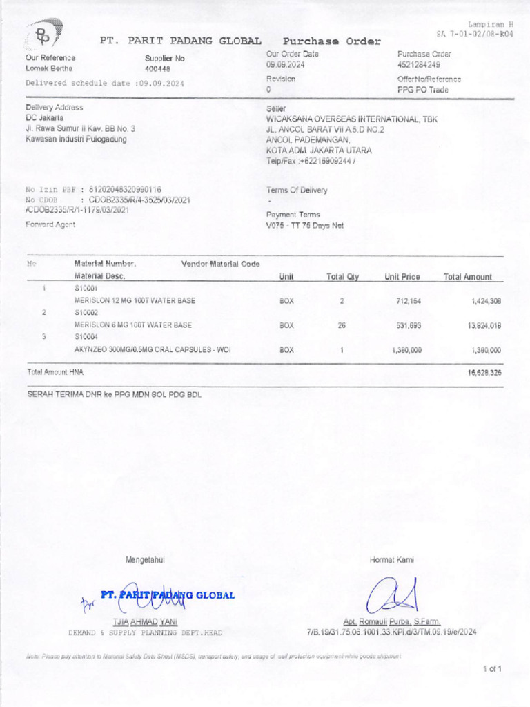 PO 4521284249 - Serah Terima PPG MDN SOL PDG BDL ACH | PDF