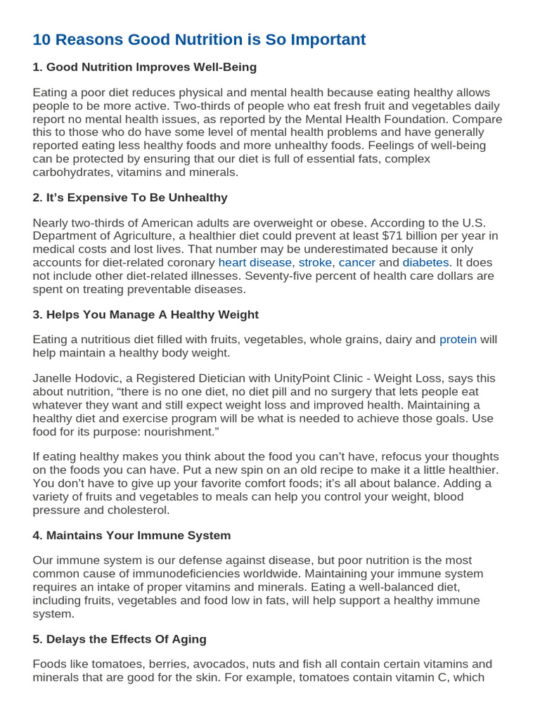 10 Reasons Good Nutrition is So Important | PDF | Healthy Diet | Diet (Nutrition)