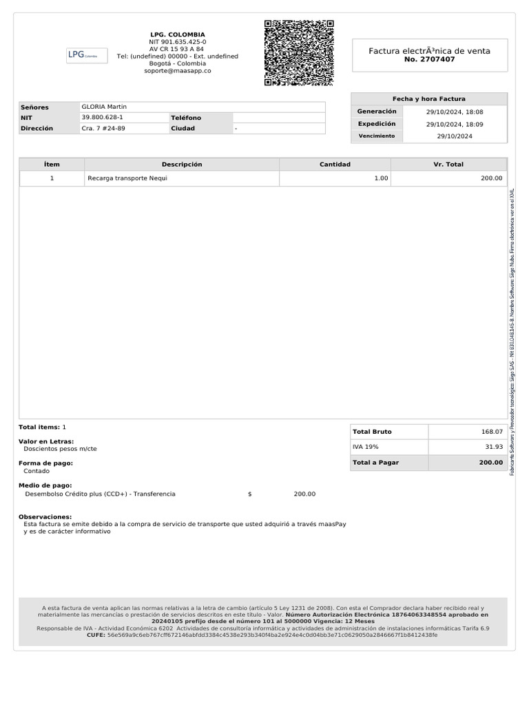 Factura Electrã Nica de Venta: Lpg. Colombia | PDF
