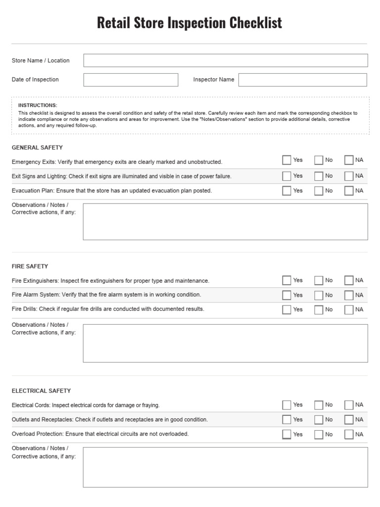 Retail Store Inspection Checklist | PDF | Fire Safety | Safety