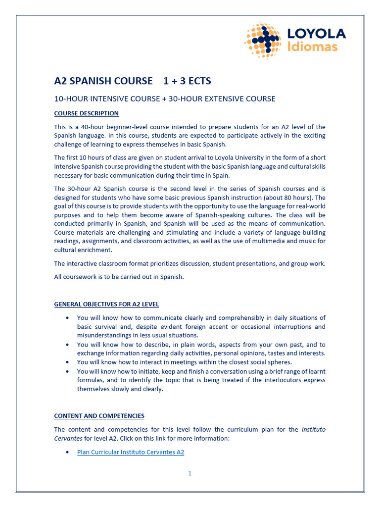 Syllabus A2 Spanish Course 4 ECTS 2020 | PDF | Verb | Grammatical Tense