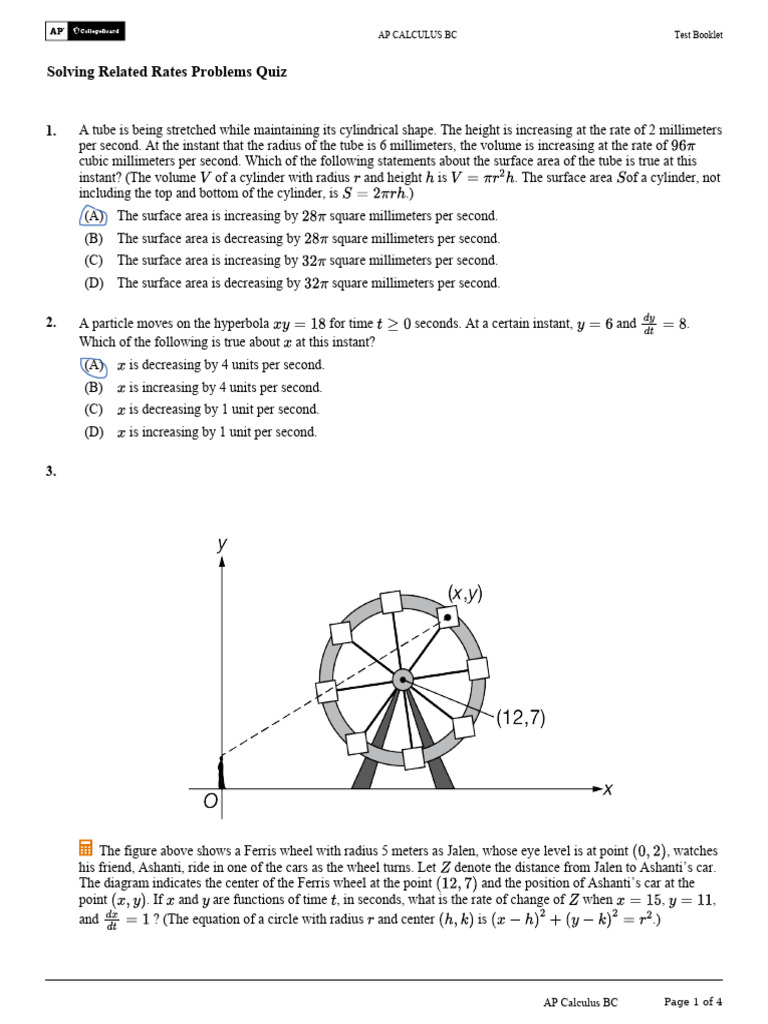 Solving Related Rates Problems Quiz | PDF | Function (Mathematics) | Area