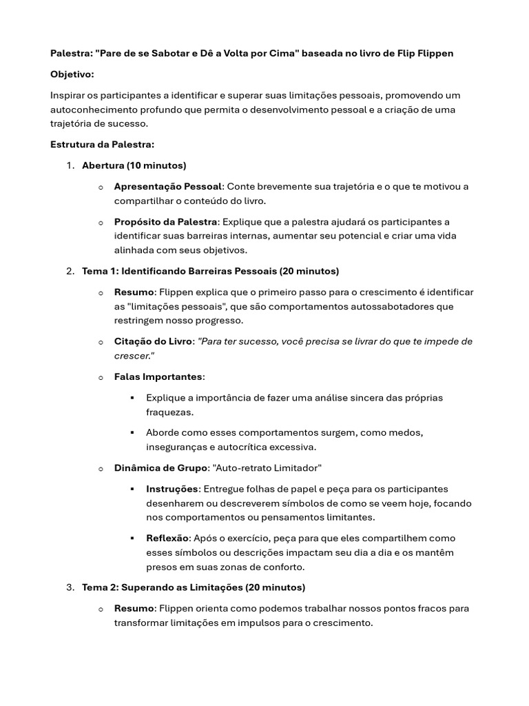Esboço de Palestra Baseado No Livro Pare de Se Sabotar e Dê A Volta Por ...