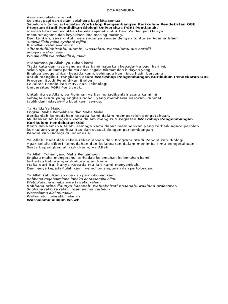 Doa Pembuka Workshop Kurikulum OBE | PDF
