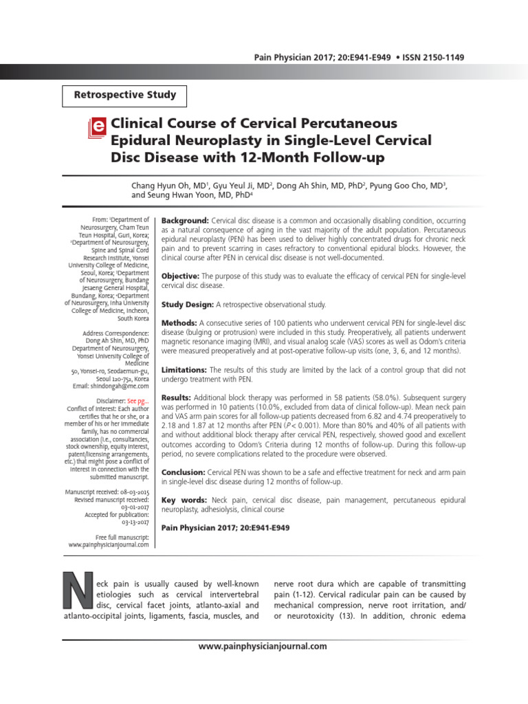 Clinical Course of Cervical Percutaneous Epidural Neuroplasty in Single ...