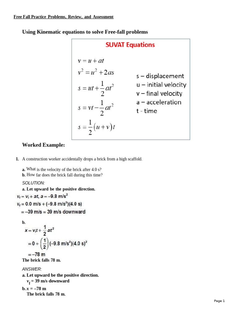 Freefall WS-MS | PDF | Acceleration | Velocity