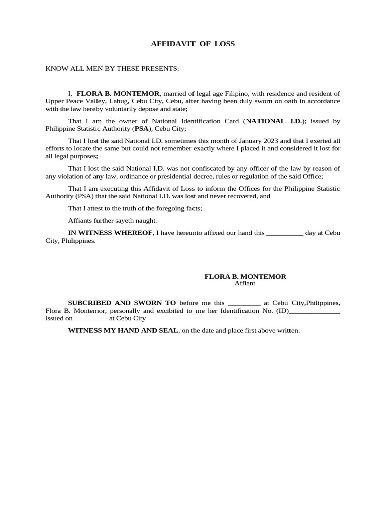 AFFIDAVIT OF LOSS OF ID | PDF