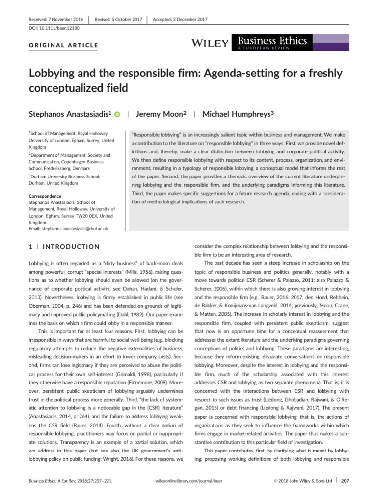 Lobbying and The Responsible Firm - Tutorial 1 | PDF | Corporate Social ...