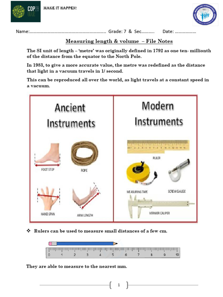 Measuring Length Volume File Notes | PDF | Length | Metre