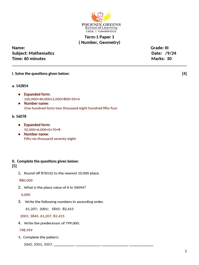 Ansterm1 Paper1 Gr3 Math (Dakshita | PDF | Numbers | Mathematics