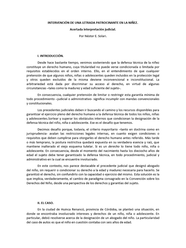 INTERVENCIÓN DE UNA LETRADA PATROCINANTE EN LA NIÑEZ. Dr. SOLARI | PDF ...