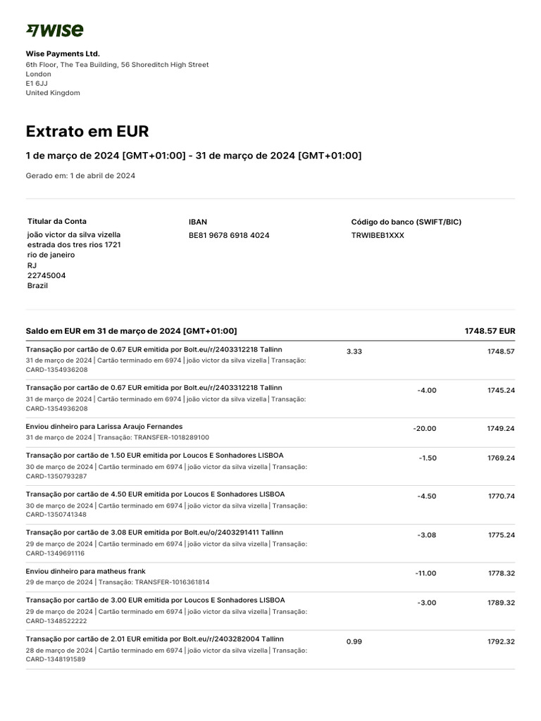 Extrato Wise EUR Março 2024 | PDF | Varejistas | Varejistas de alimentos