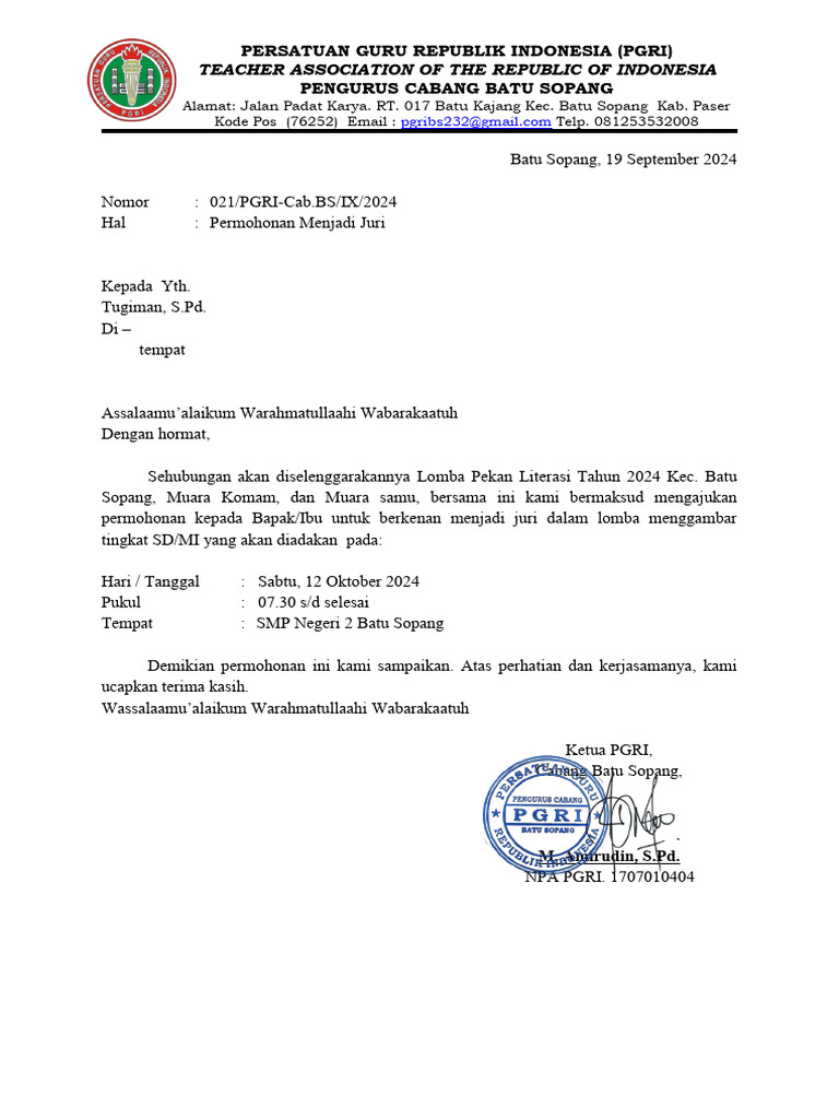 Permohonan Juri Kepada Bapak Tugiman | PDF