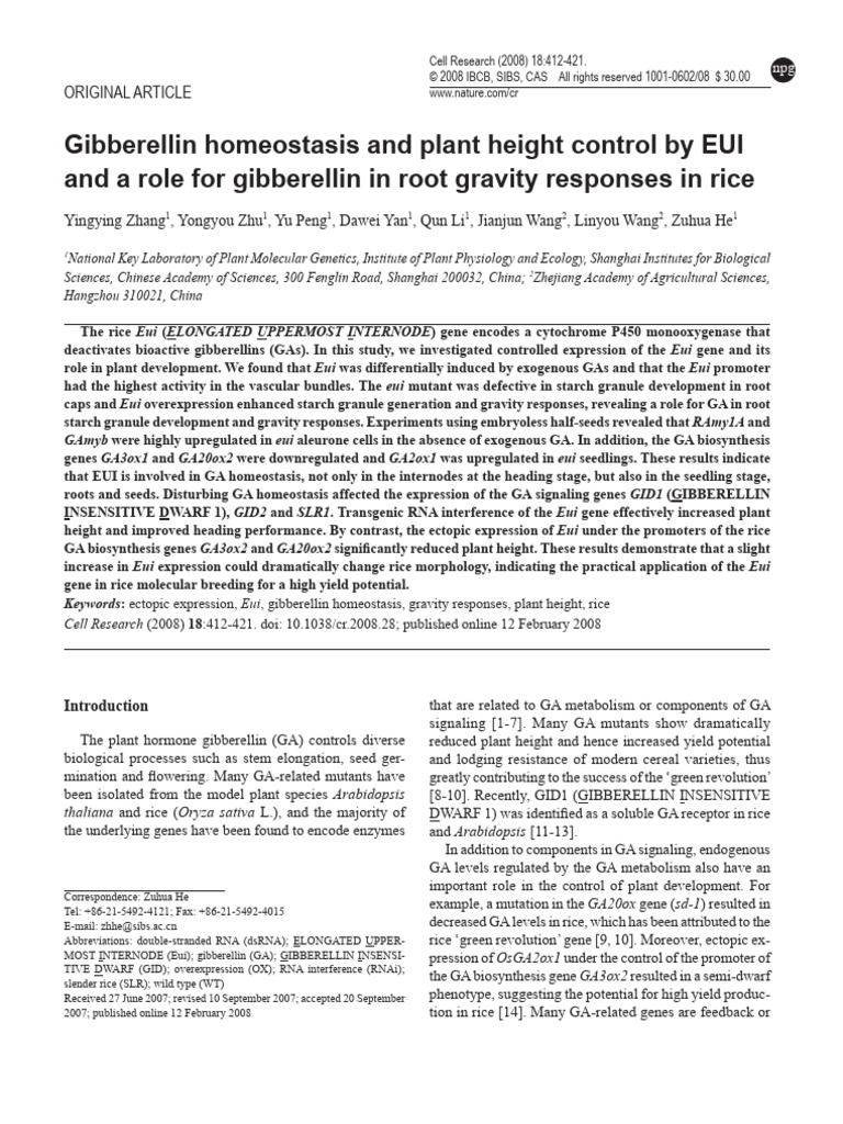 Gibberellin Homeostasis and Plant Height Control by EUI | PDF | Rna ...