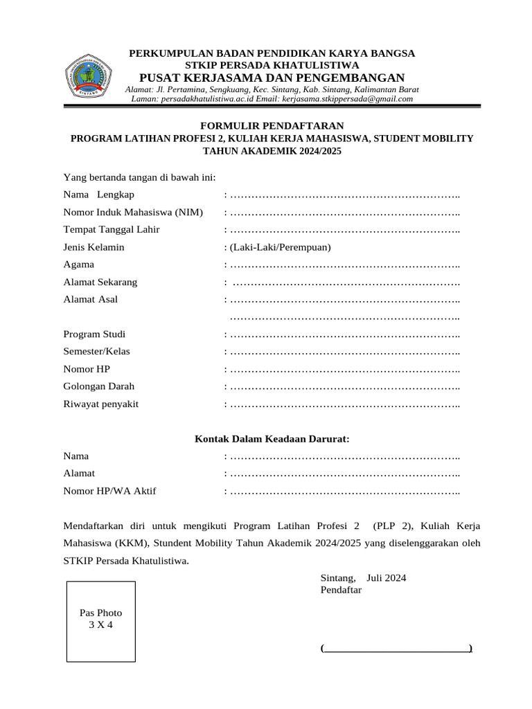 01 Formulir Pendaftaran PLP 2, KKM, Student Mobility 2024-2025 | PDF