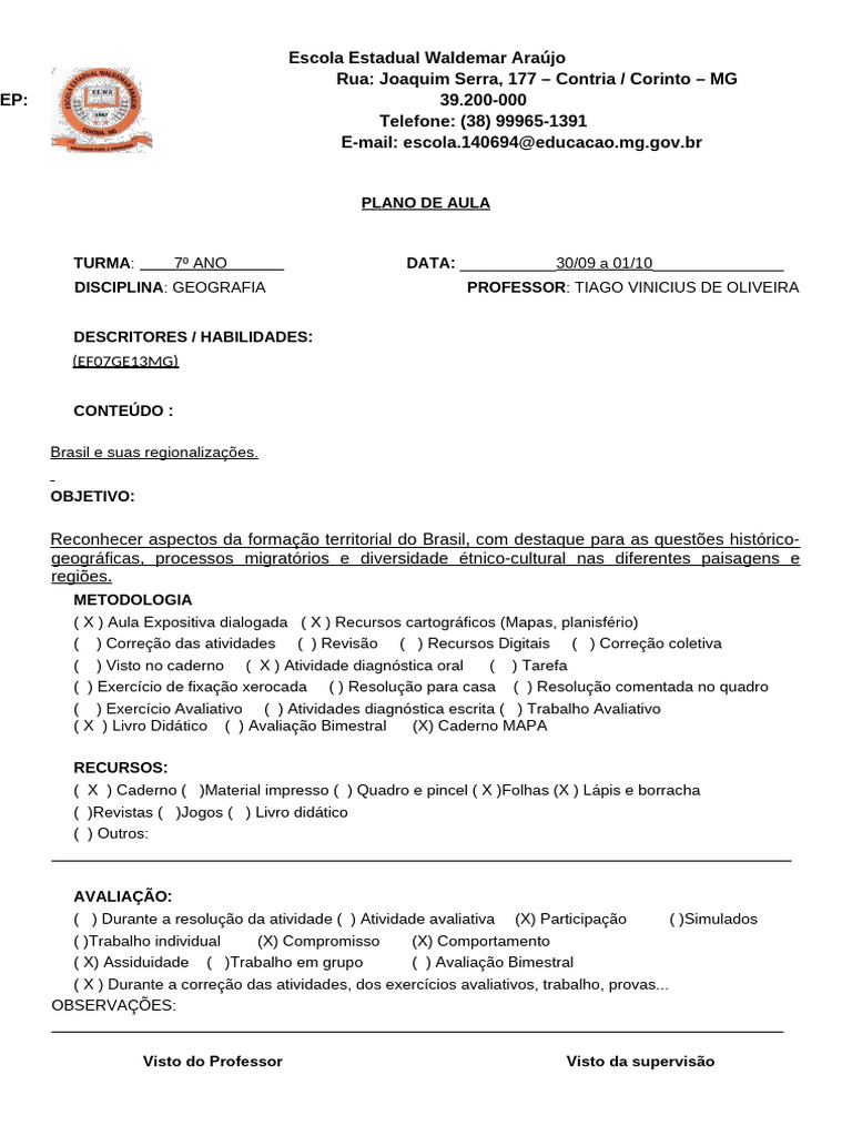 PLANO DE AULA GEO 7 ANO 30.09.24 | PDF