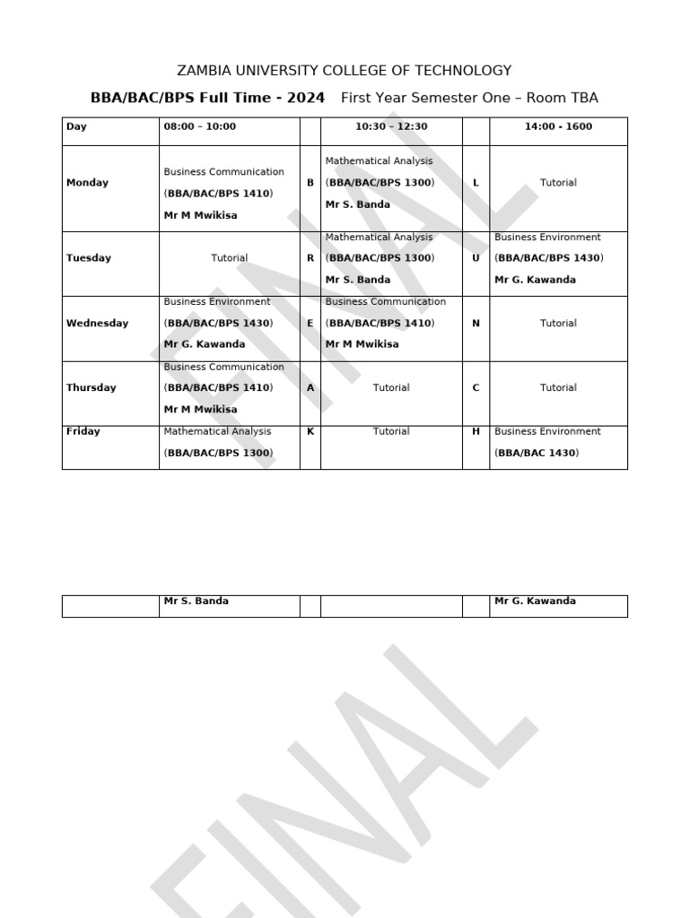2024 BBA/BAC/BPS Timetable | PDF | Business Economics | Economies